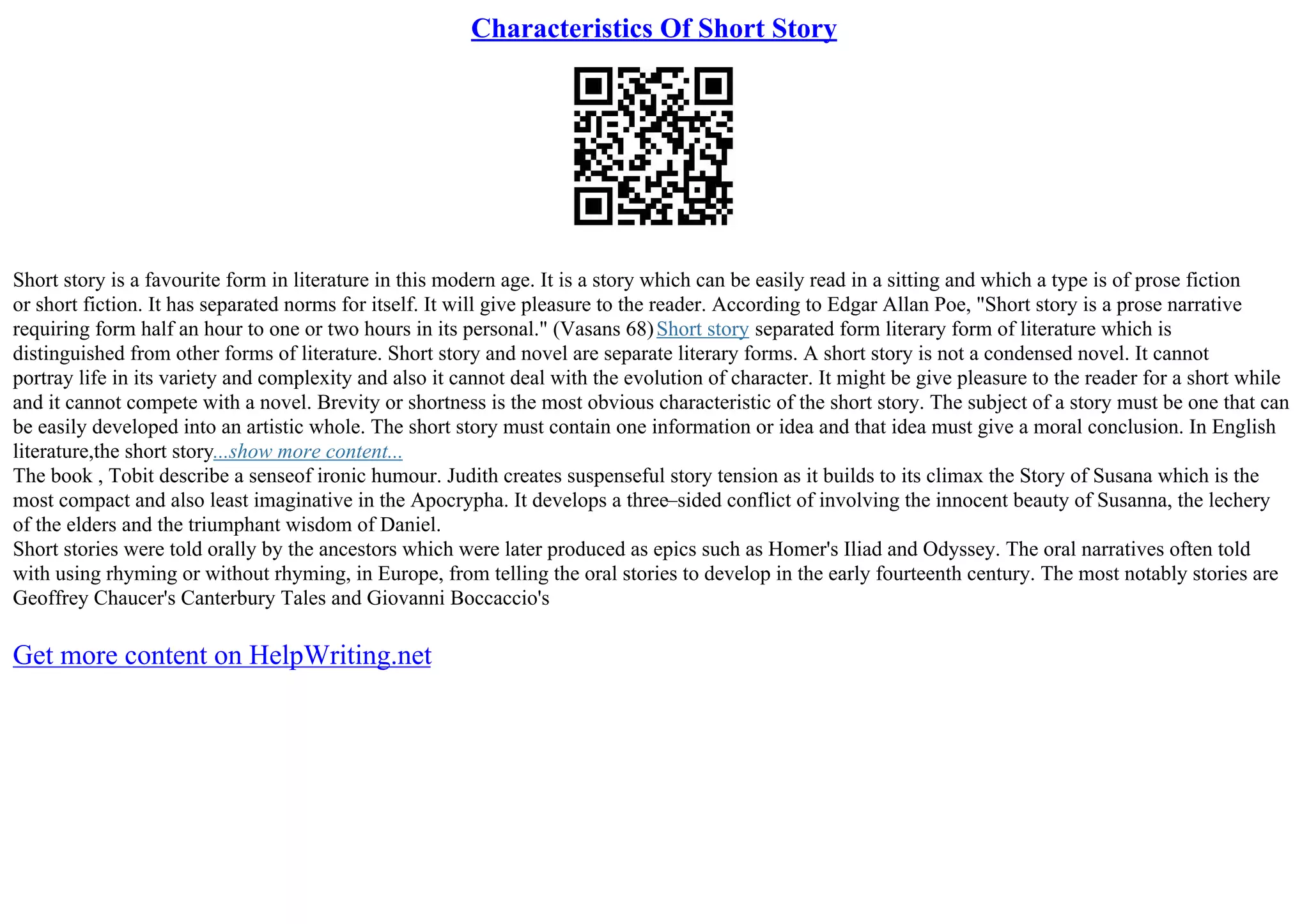 Characteristics Of Short Story | PDF