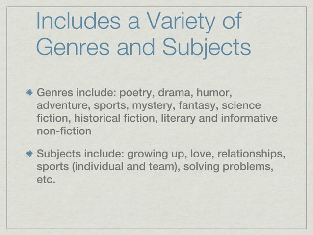 Characteristics of young adult lit. | KEY | Young Adult | Genres