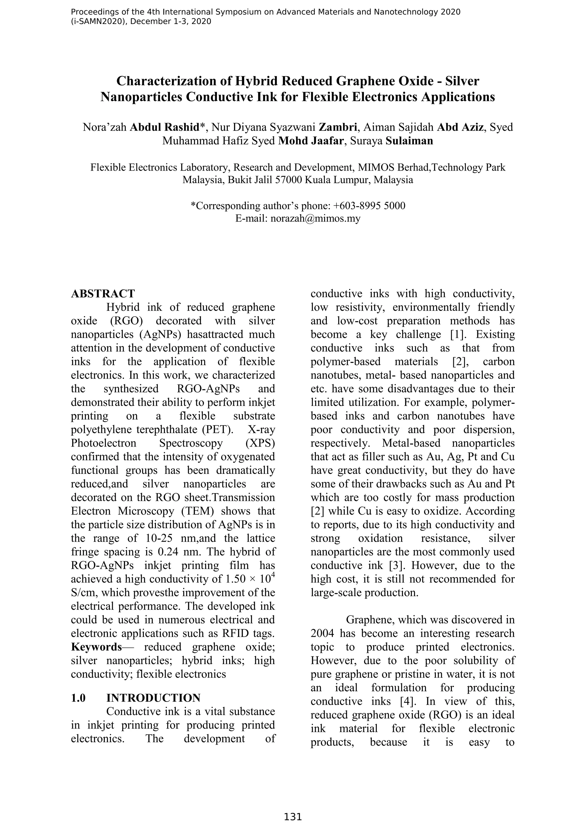Characterization of hybrid reduced graphene oxide silver nanoparticles ...