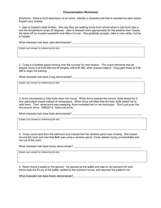 Characterization Worksheet - identify a character trait - English ...
