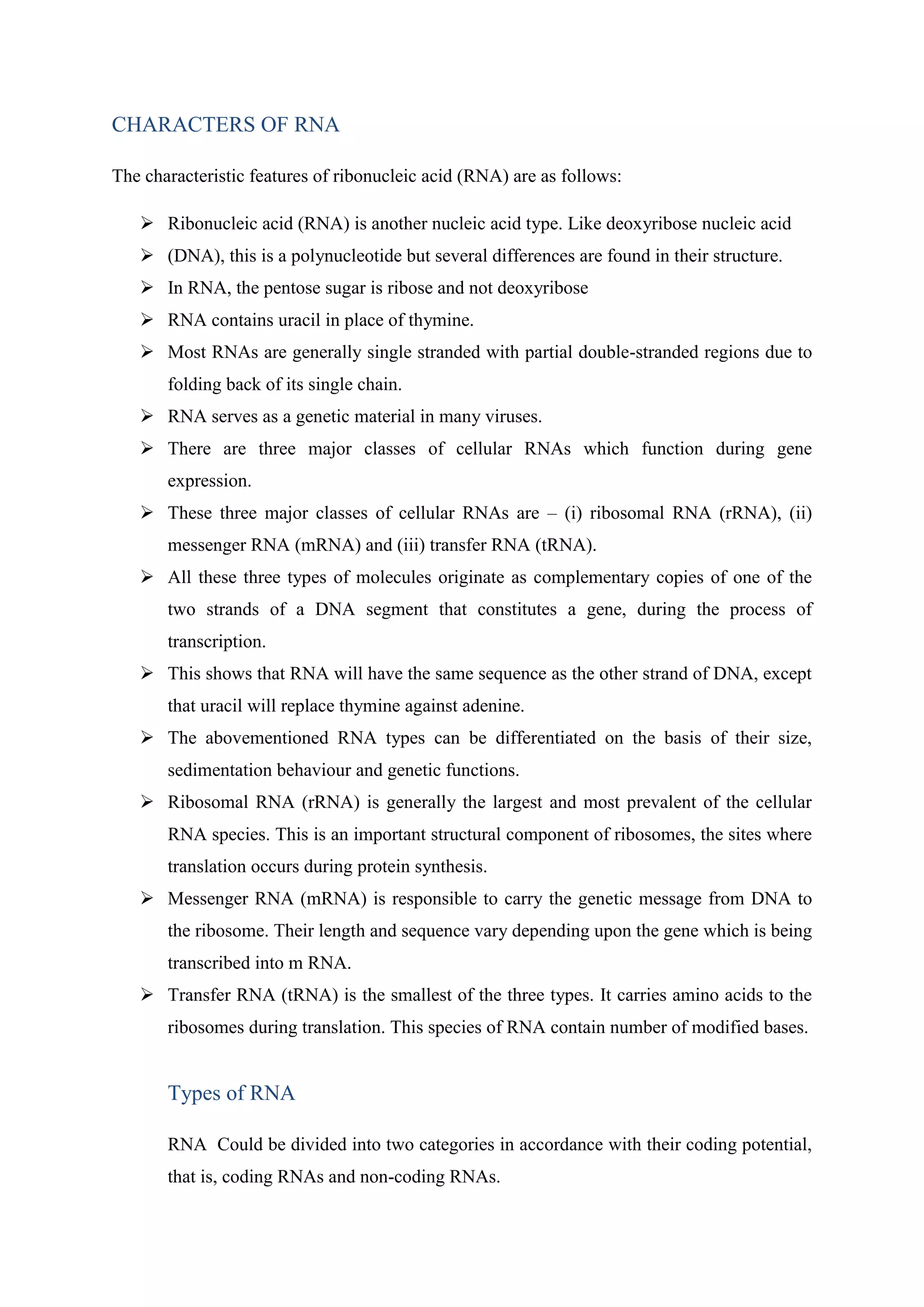 CHARACTERS AND TYPES OF RNA | PDF