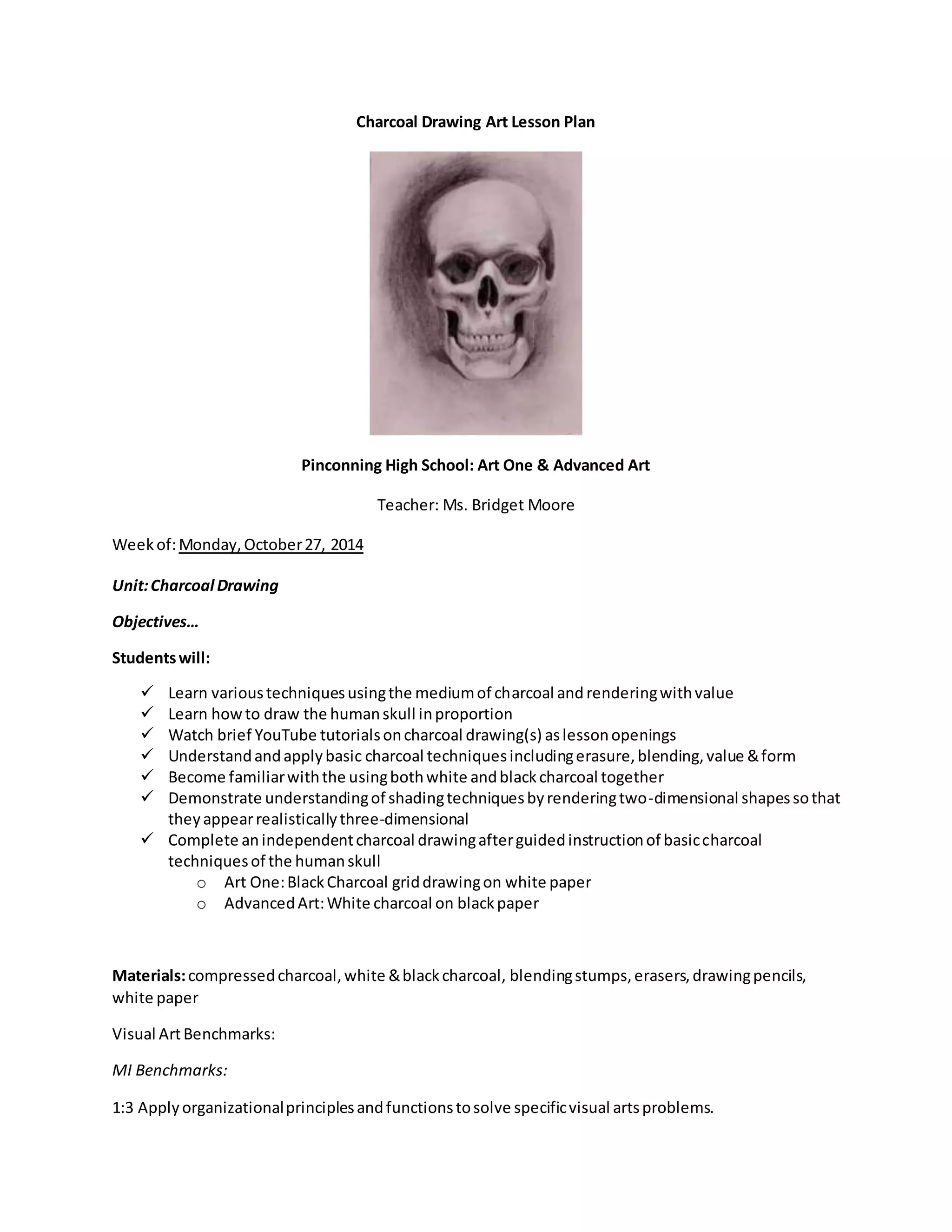 Charcoal drawing art lesson plan | DOCX