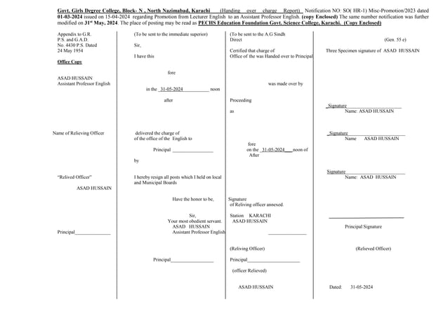 Charge report.doc used while assuming the office | DOC