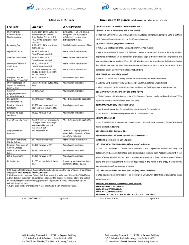 DMI Housing Finance - Charges list | PDF