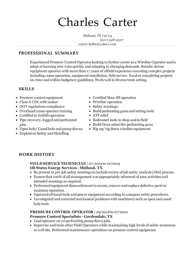 Charles Carter's Wireline Operator Resume 2020 | PDF