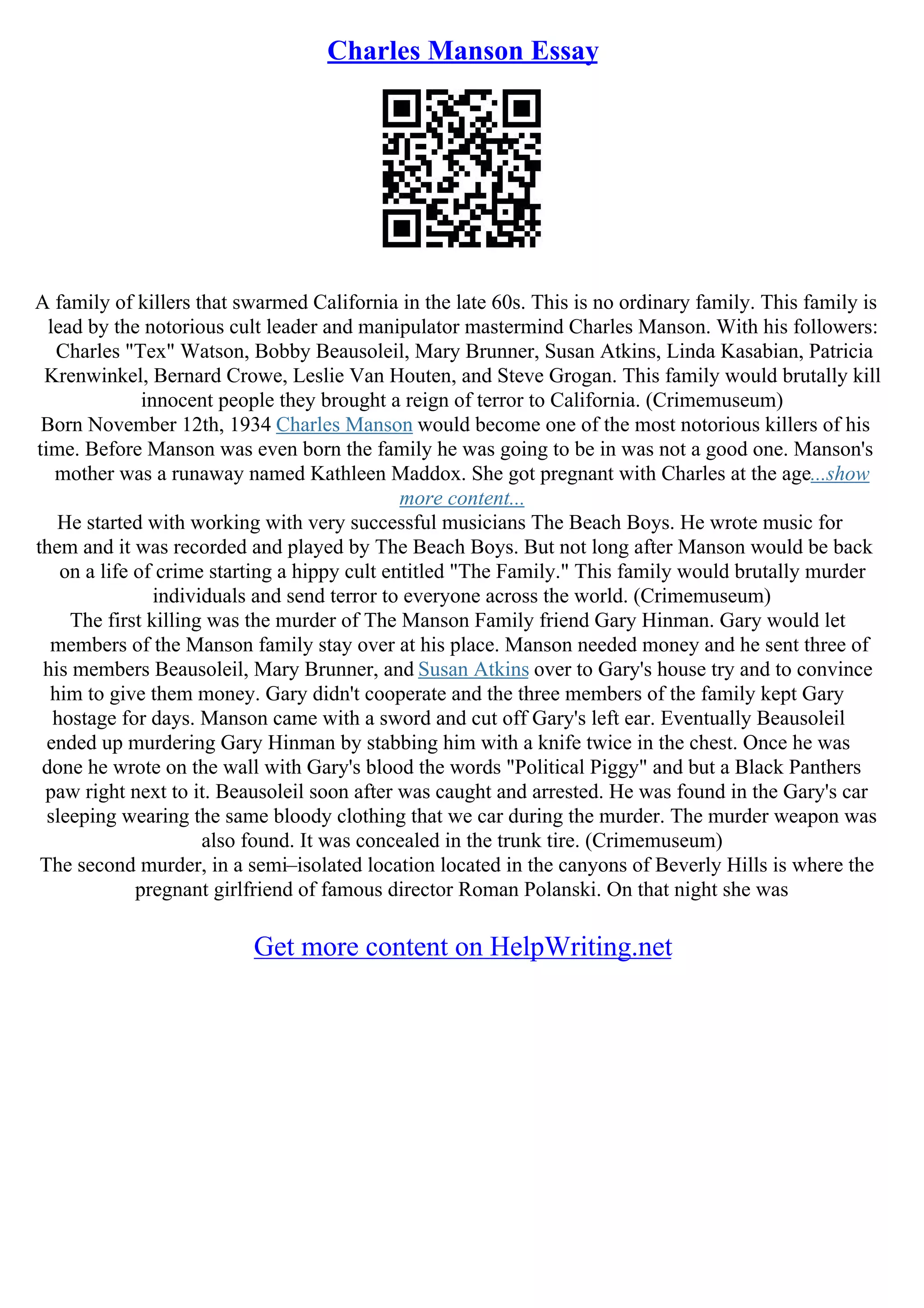Charles Manson Essay | PDF