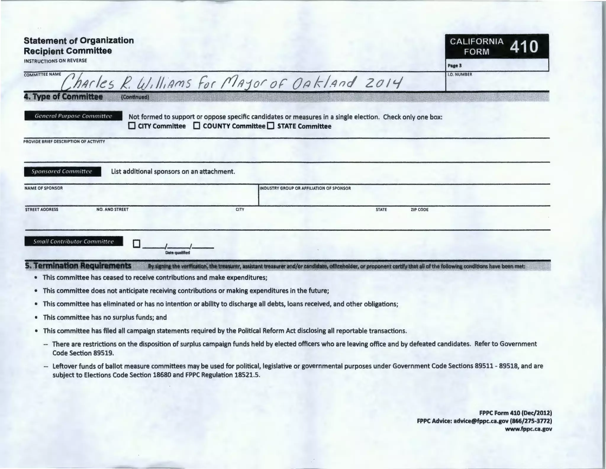 Charles Williams FPPC Form 410 | PPT