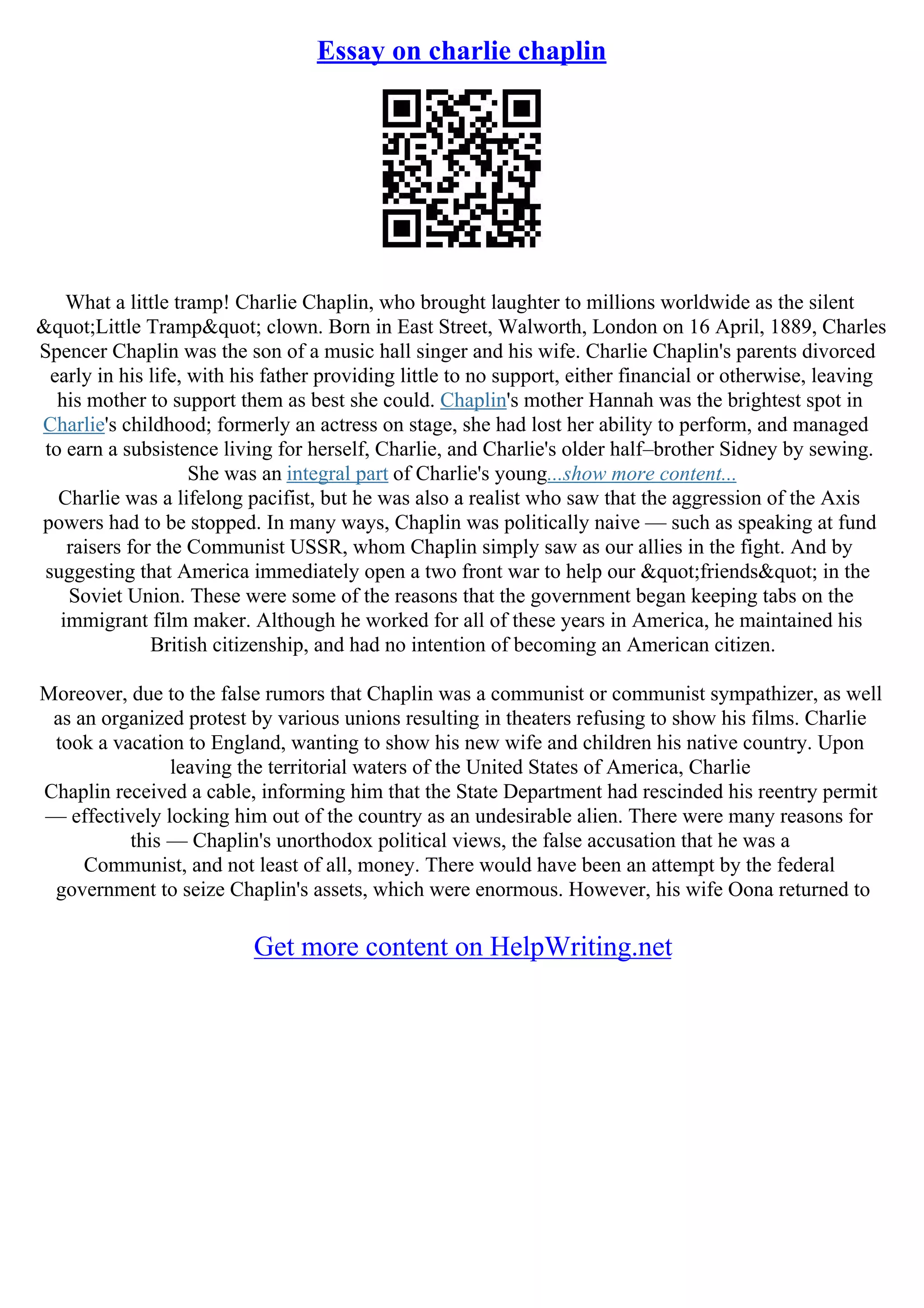 Charlie Chaplin Essay | PDF