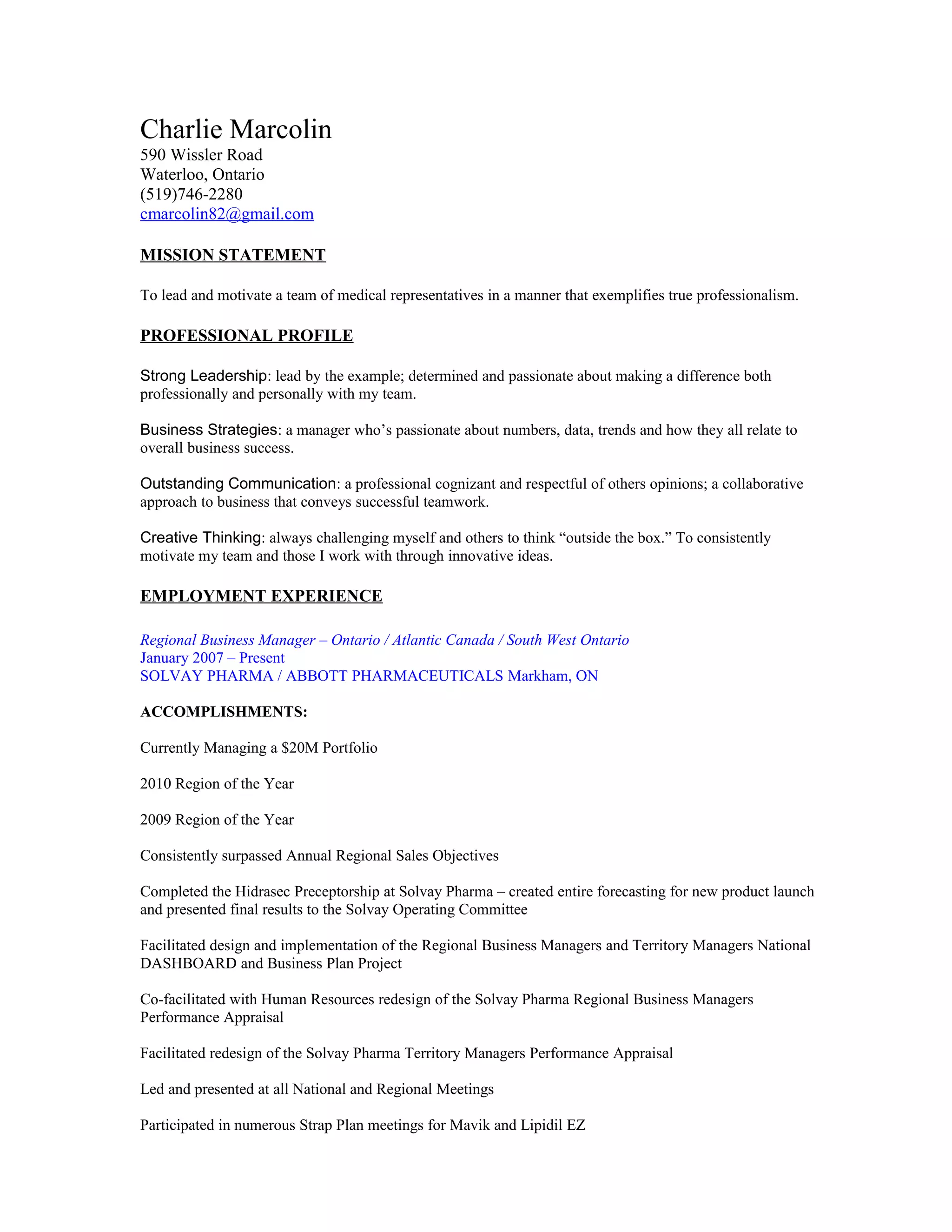 Charlie Marcolin Resume 2010 | DOC