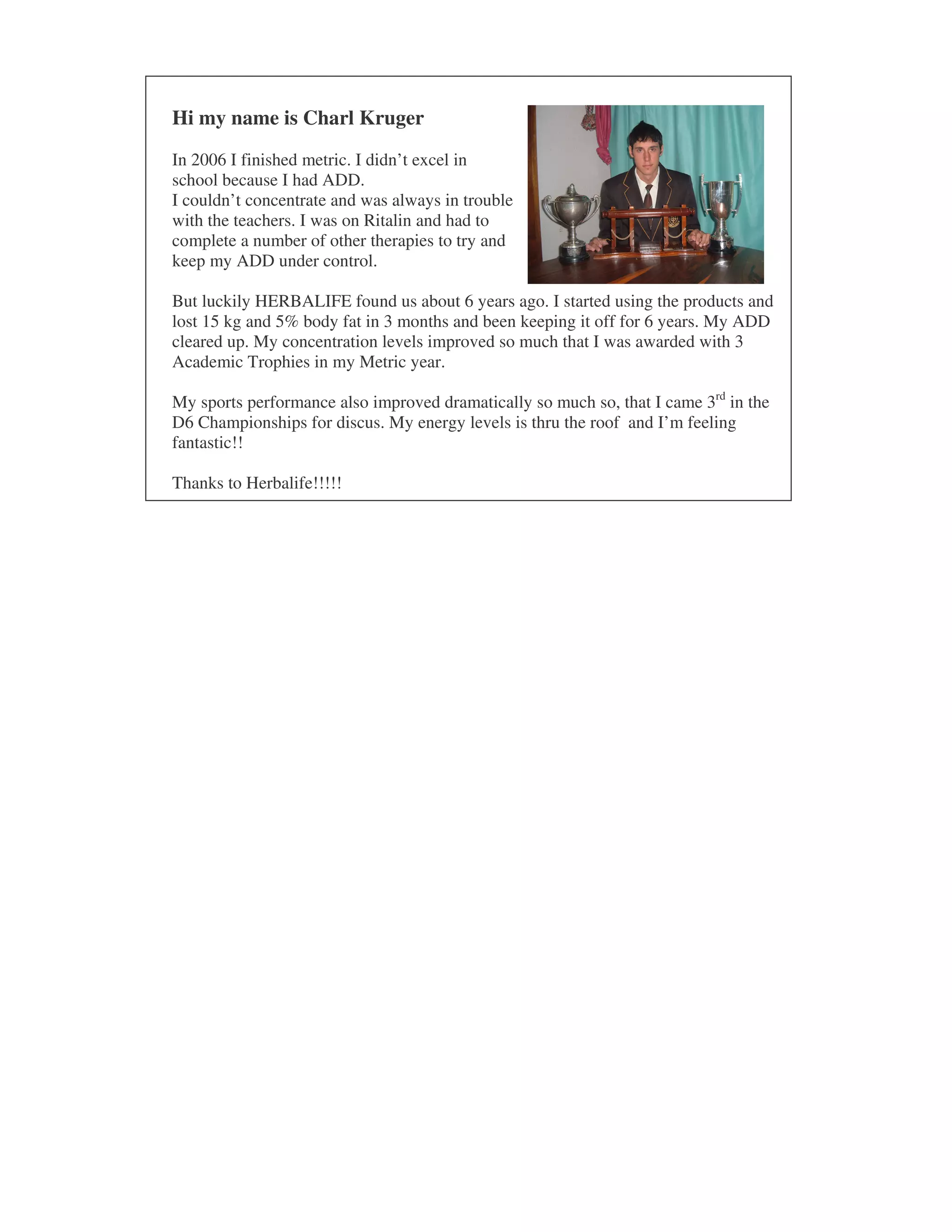 herbalife testimonial of Charl Kruger | PDF
