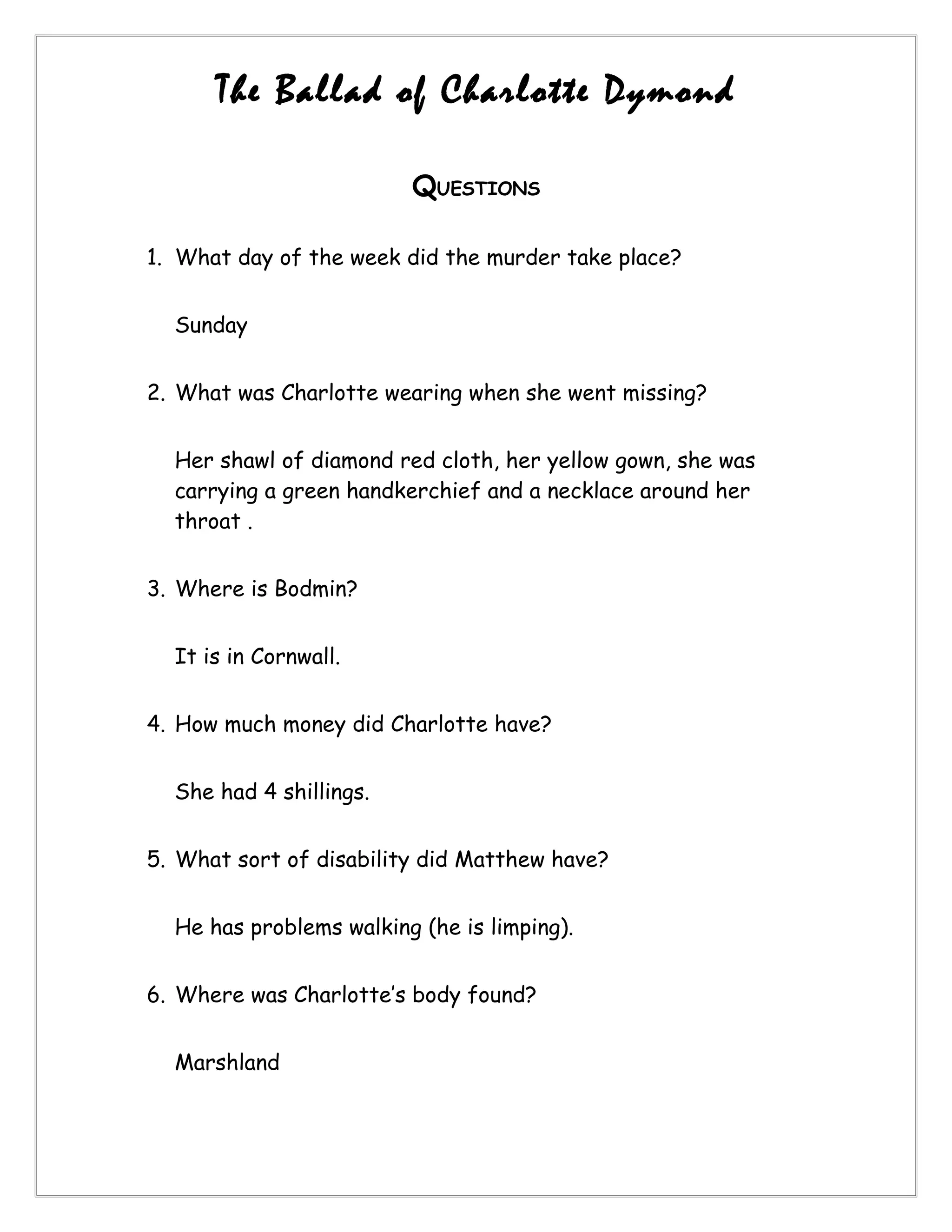 Charlotte dymond questions | DOC