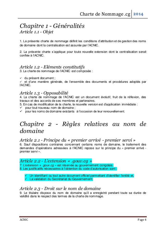 Charte de nommage proposée l'ACNIC
