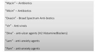 Drug suffixes | along chart - pharmacology