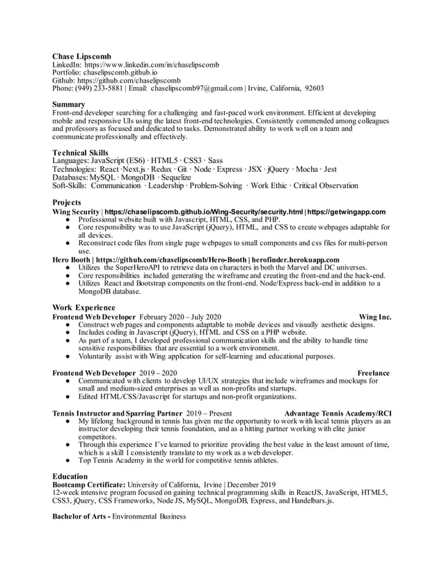 Chase Lipscomb Resume | DOCX | Web Development | Internet