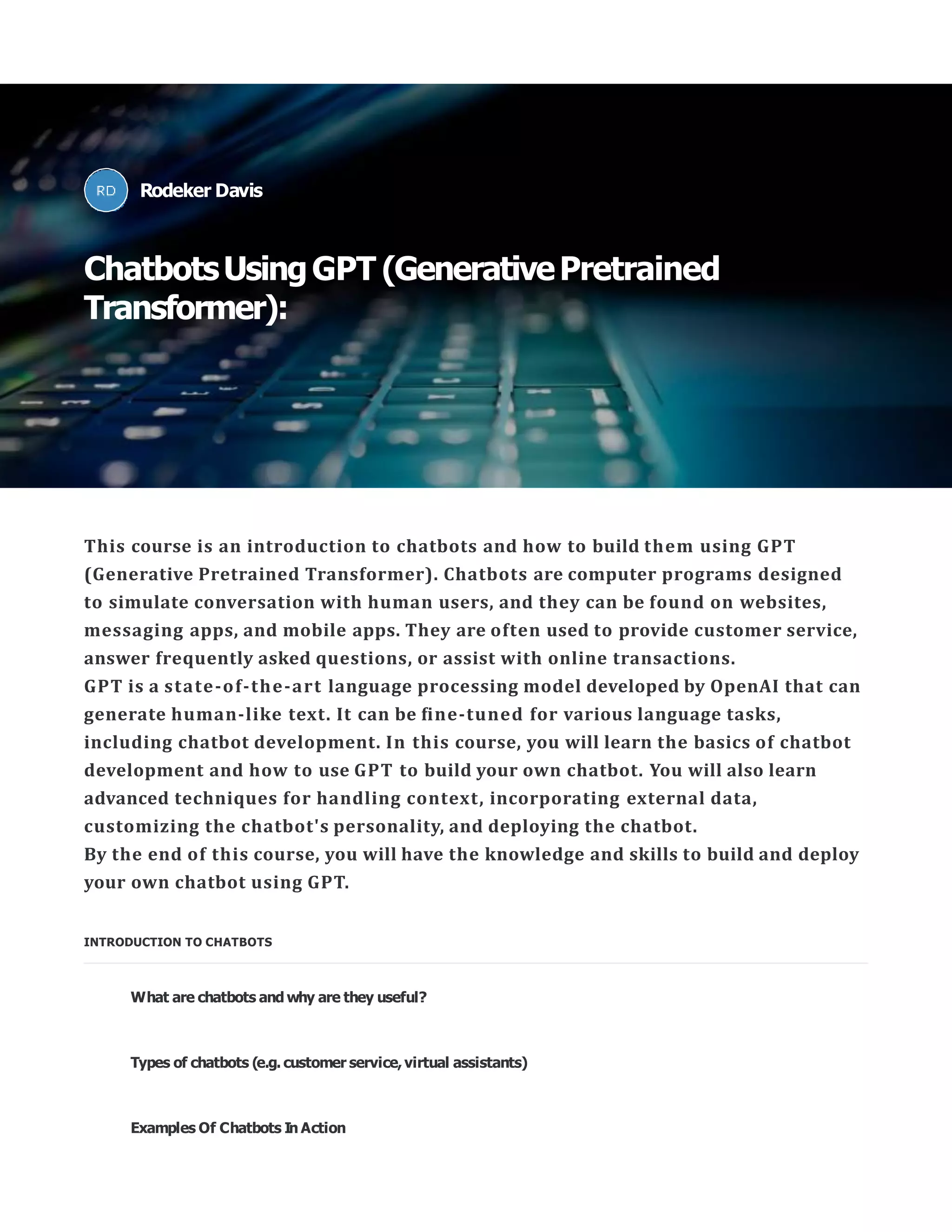 Chatbots Using GPT (Generative Pretrained Transformer) | PPTX