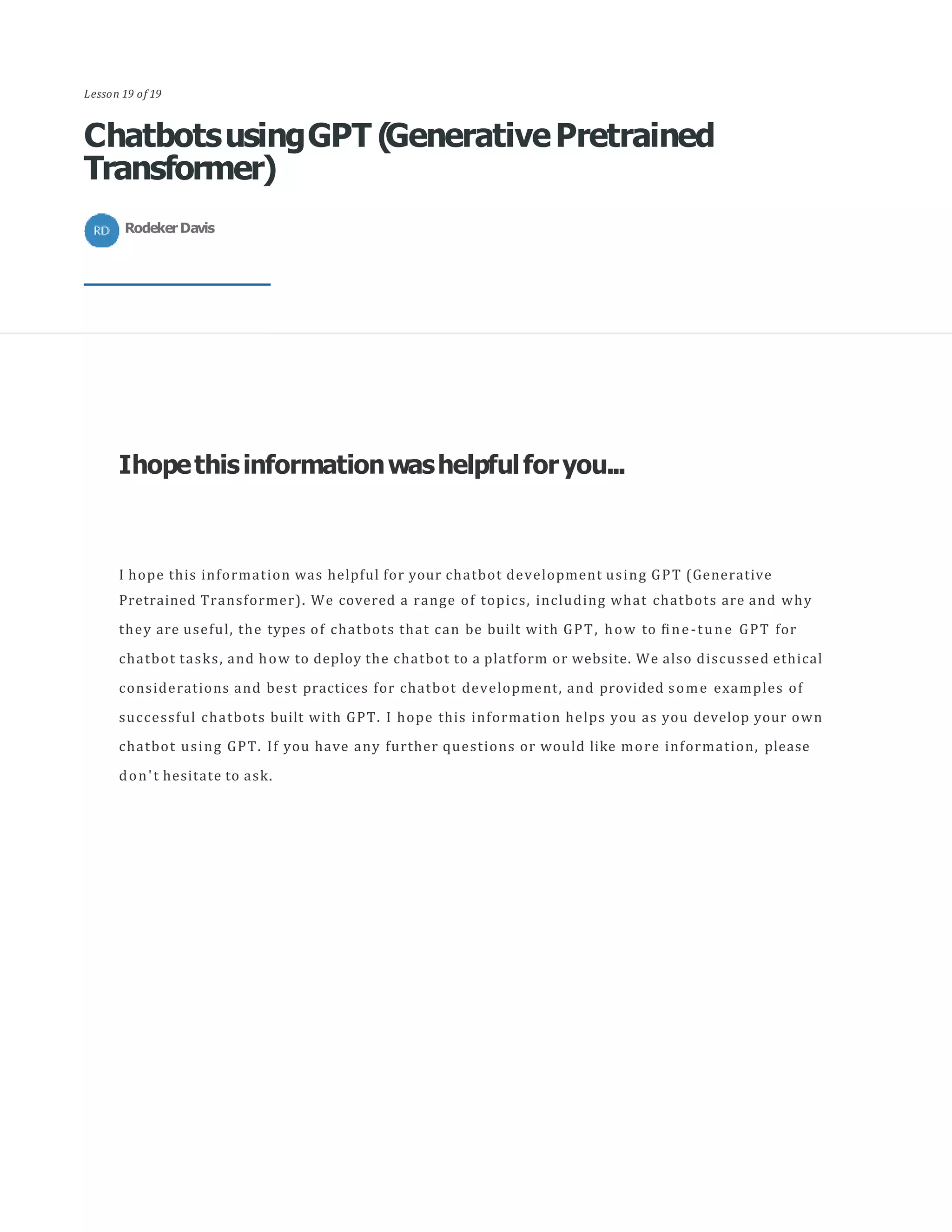 Chatbots Using GPT (Generative Pretrained Transformer) | PPTX