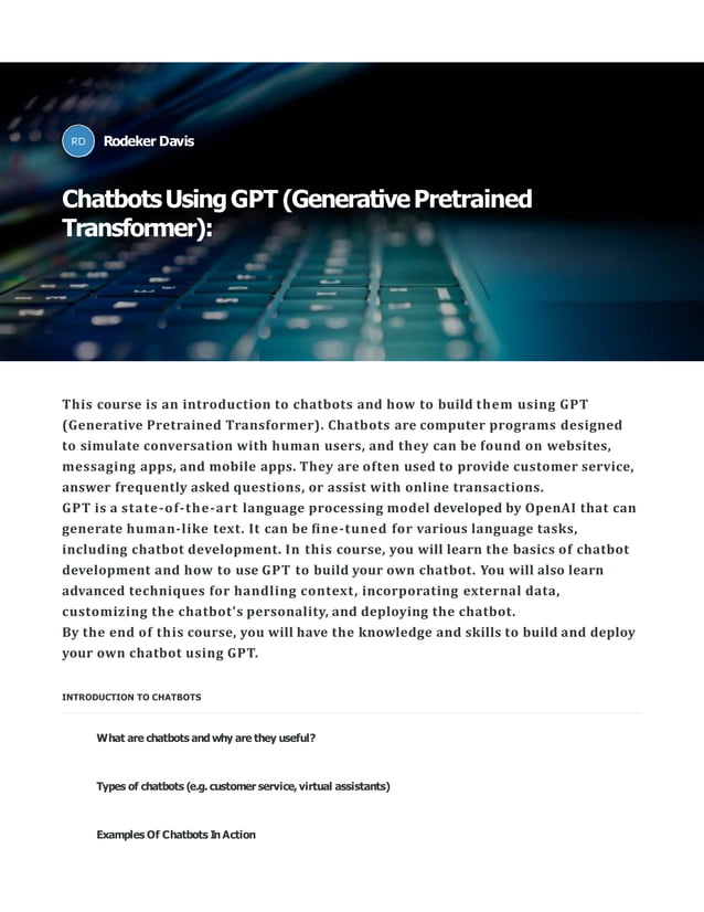Chatbots Using GPT (Generative Pretrained Transformer) | PPTX