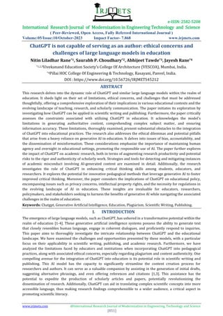 ChatGPT is not capable of serving as an author: ethical concerns and challenges of large ...