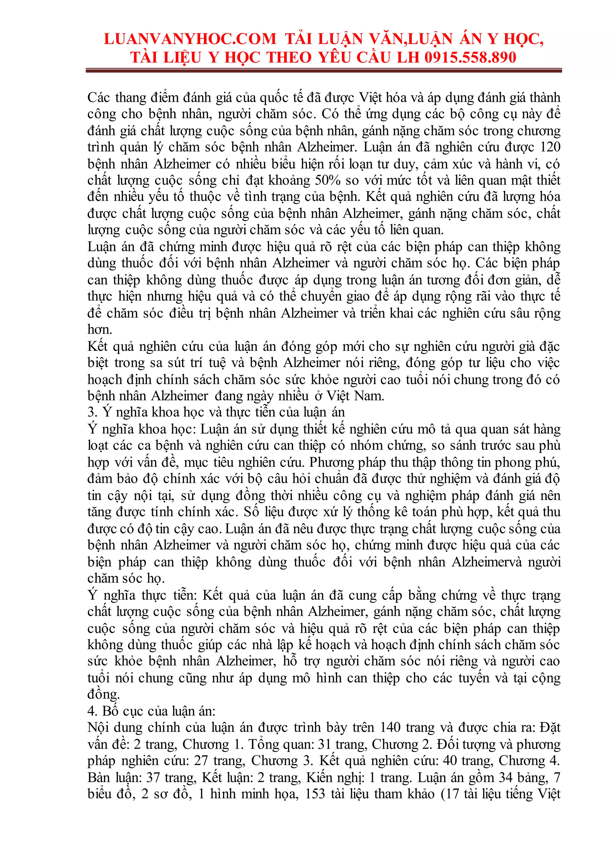Chat luong cuoc song cua benh nhan alzheimer, nguoi cham soc va danh gia hieu qua | DOCX