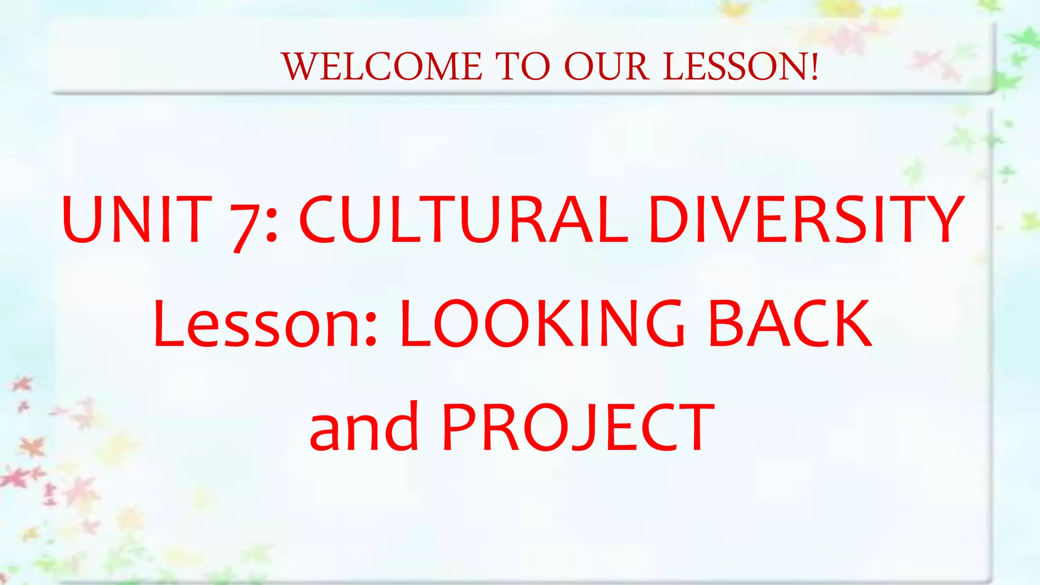Unit 7. Cultural diversity, Lesson: Looking back and project | PPTX