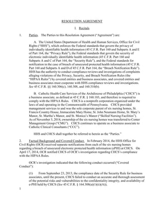 Catholic Health Care Services Resolution Agreement and Corrective ...