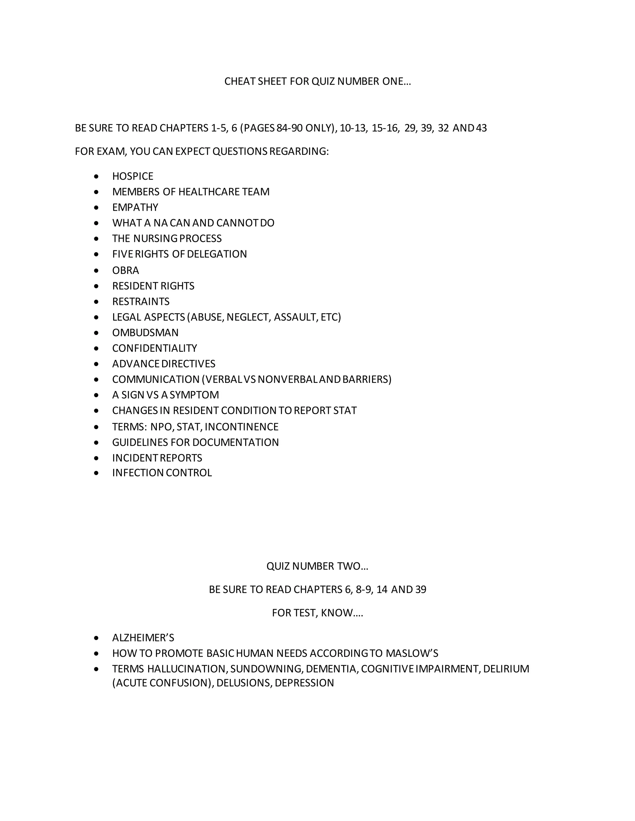 Cheat sheet for quiz number one | DOCX