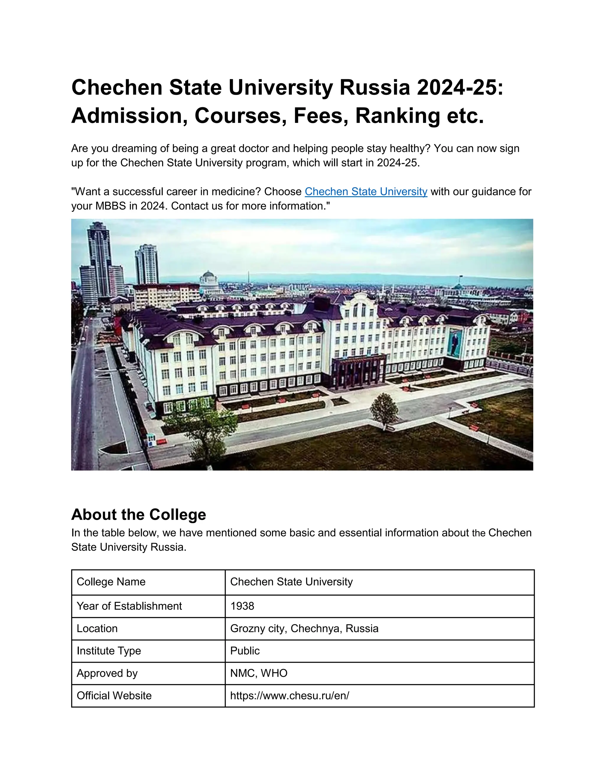 Chechen State University Russia 2024-25: Admission, Courses, Fees ...