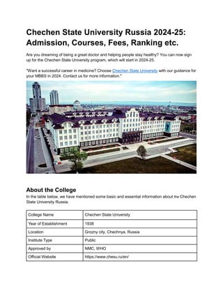 Chechen State University Russia 2024-25: Admission, Courses, Fees ...