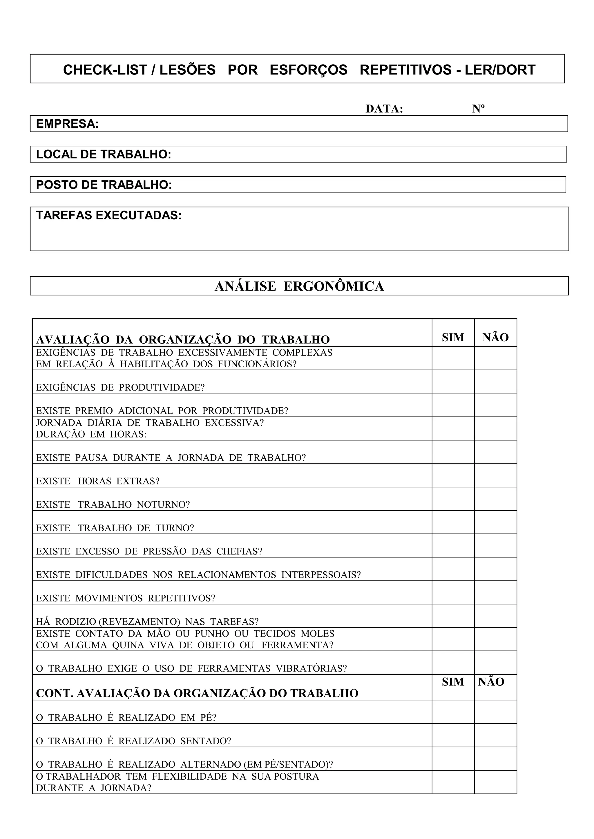 CHECK-LIST / LESÕES POR ESFORÇOS REPETITIVOS - LER/DORT | PDF