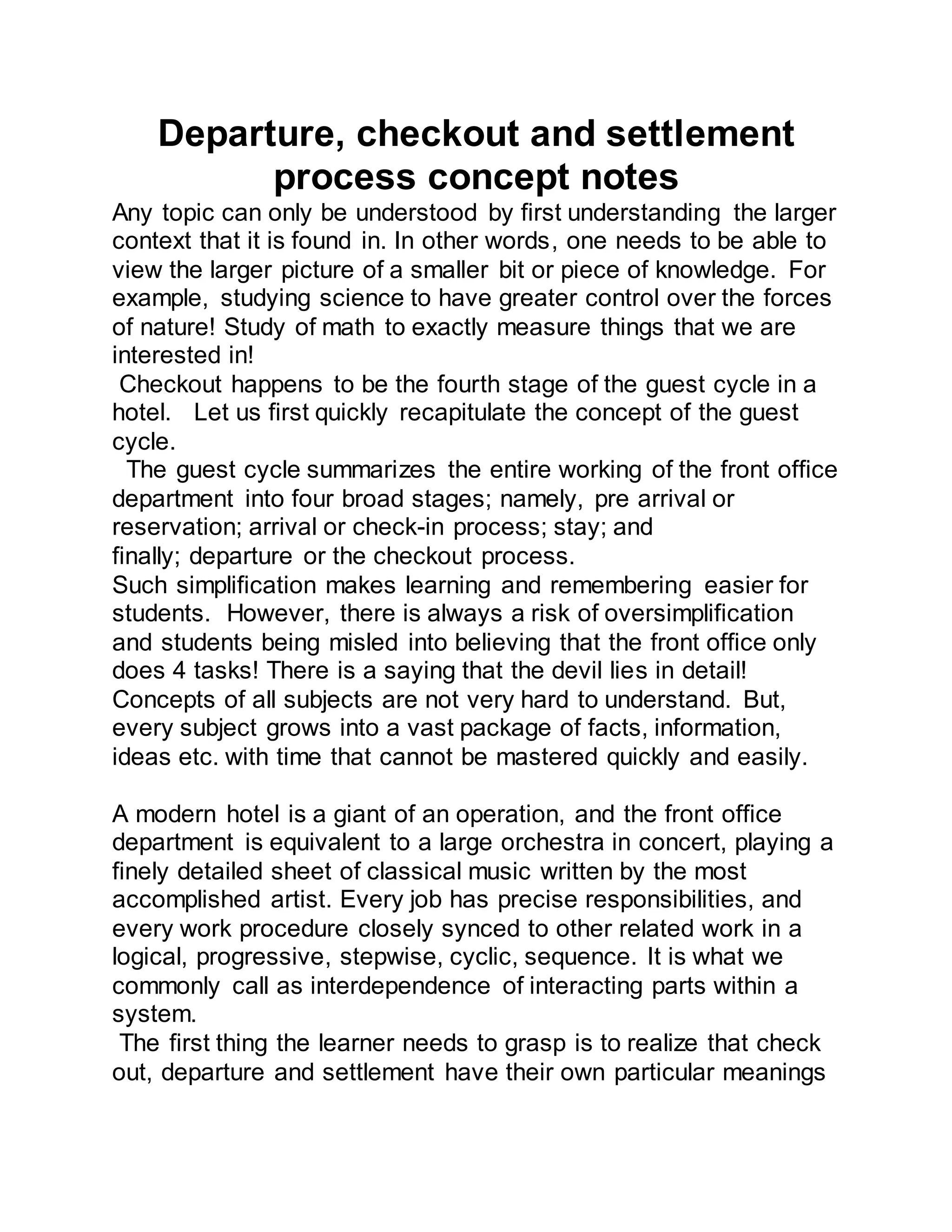 Check out, settlememnt & departure procedure concept notes | DOCX