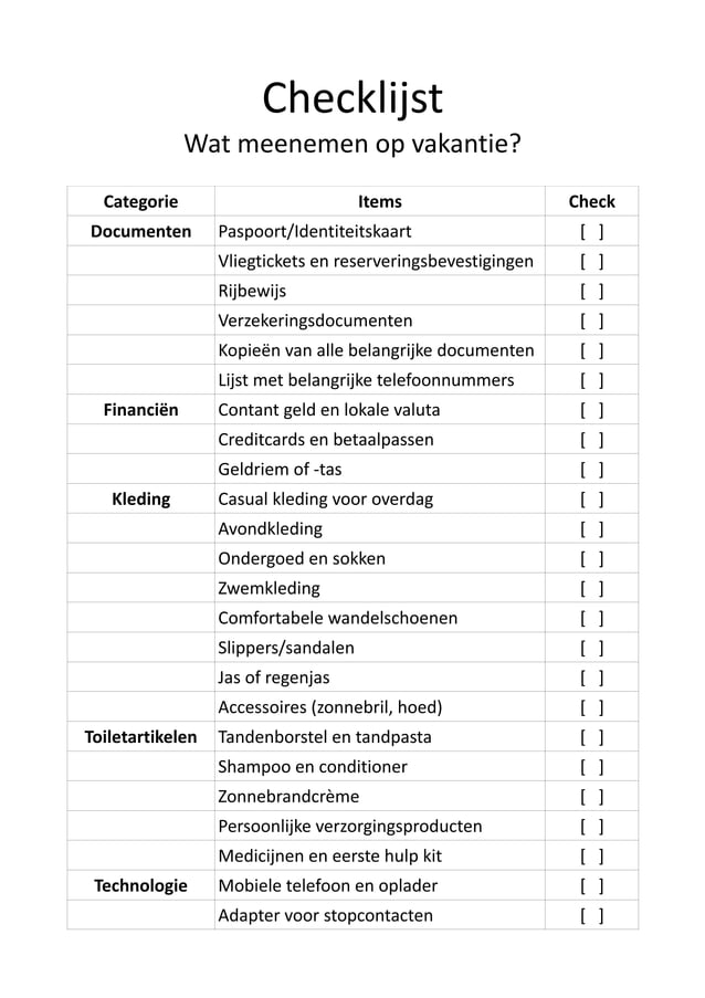 Checklist Vakantie - Wat meenemen op vakantie? | PDF