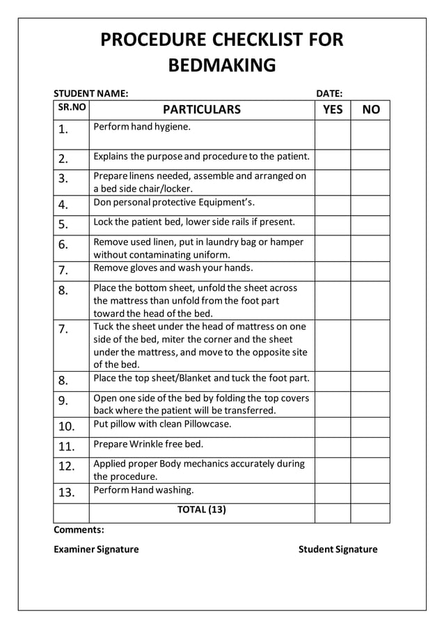 procedure checklist for bedmaking. | DOCX | Style & Fashion
