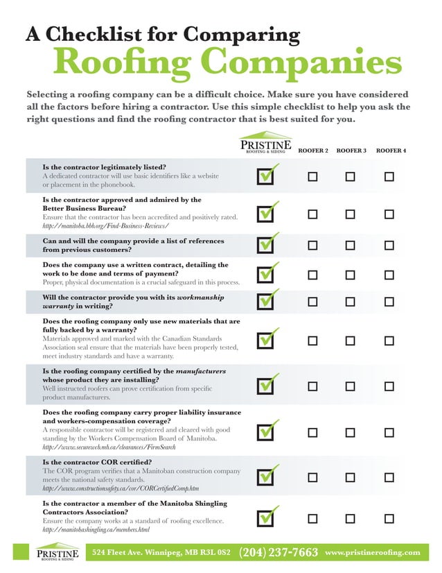 Checklist for Comparing Roofing Companies | PDF