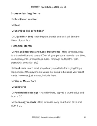 Checklist - how to build an lds 72 hour kit | PDF