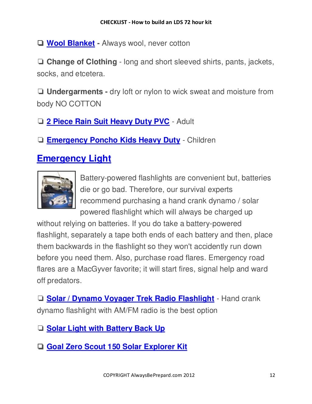 Checklist - how to build an lds 72 hour kit