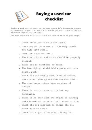 Free download PDF - Printable Checklist before buying a used car