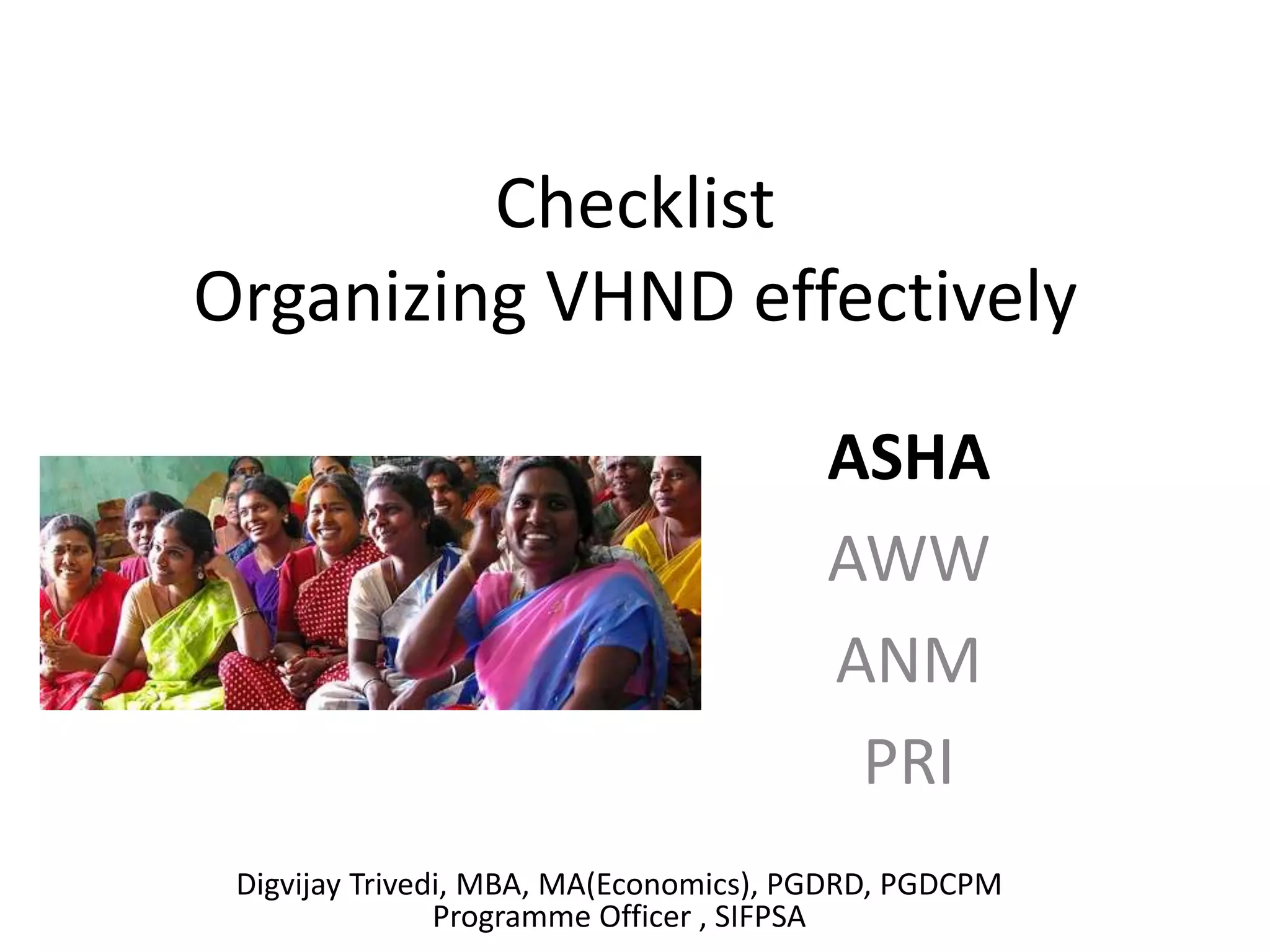 Checklist for ASHA for organising a successful VHND | PPTX