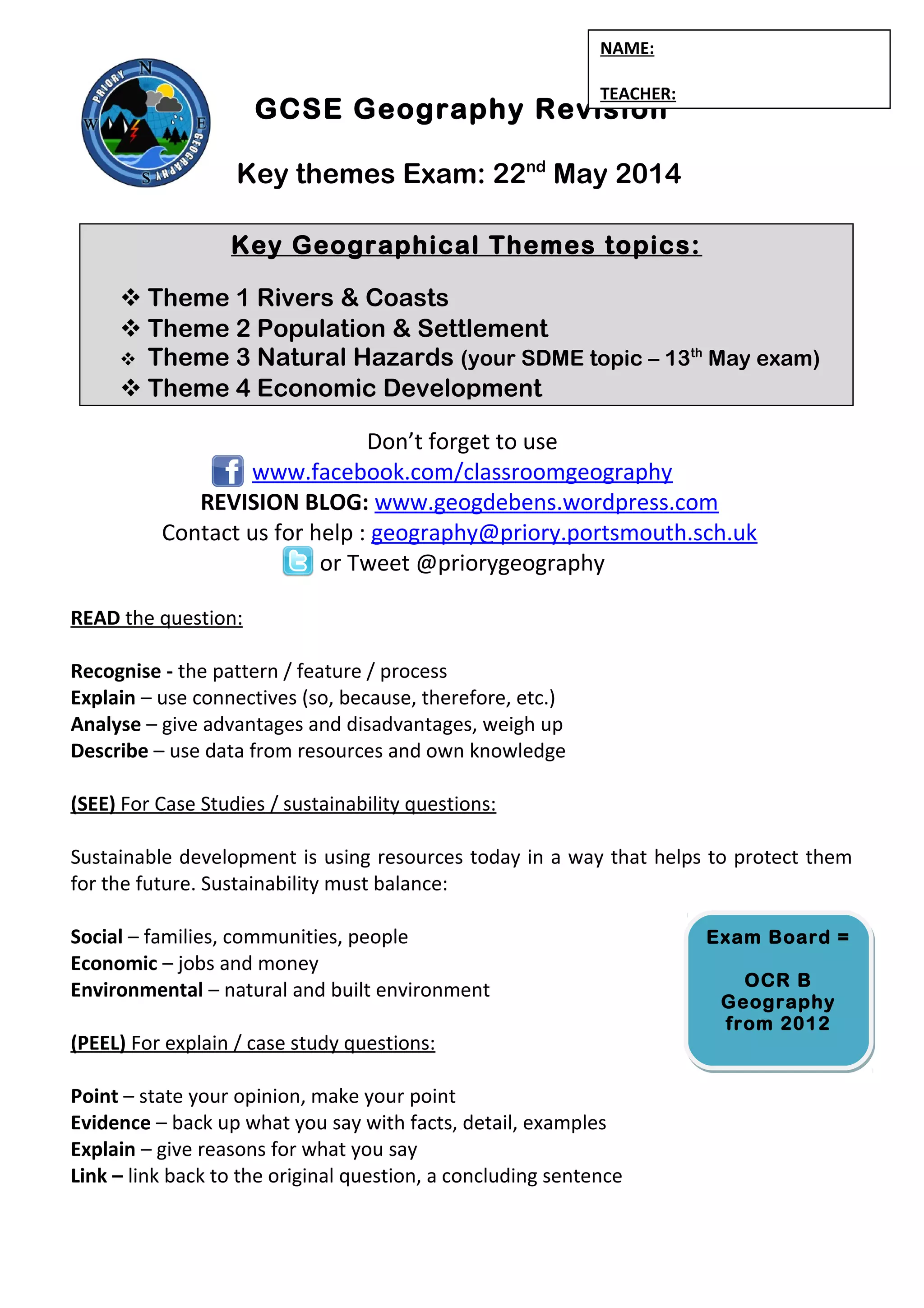 Checklist 2014 for GCSE Geography OCR B | DOC