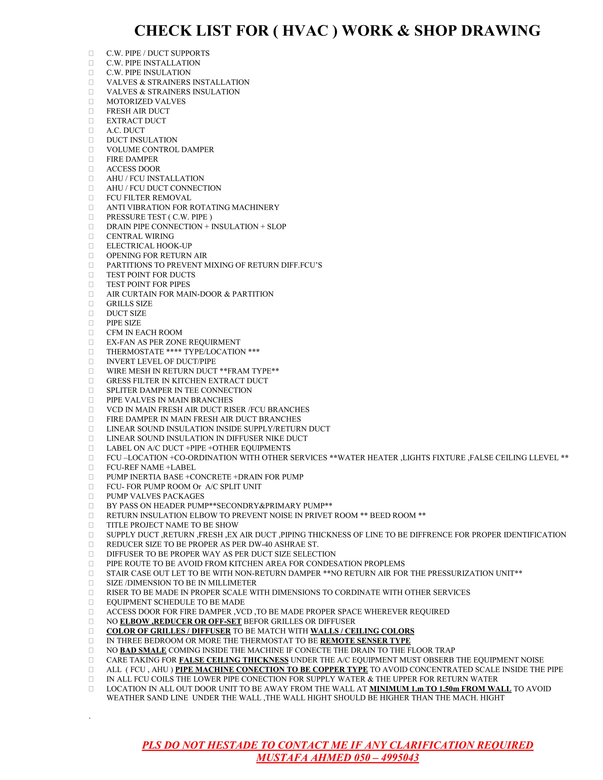CHECK LIST FOR ( HVAC ) WORK & SHOP DRAWING | PDF
