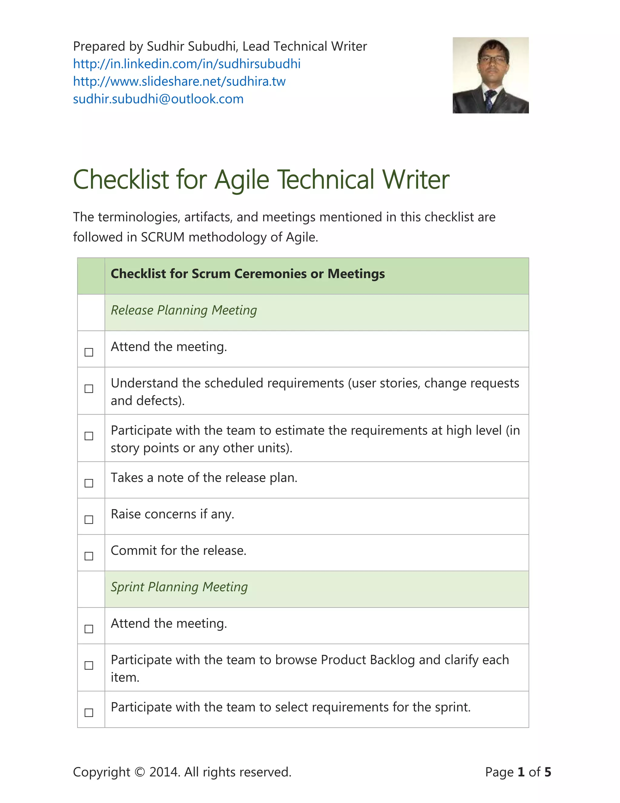 Checklist for Agile Technical Writer | PDF | Business | Business and ...