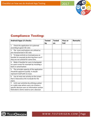 Checklist for andriod app testing. | PDF