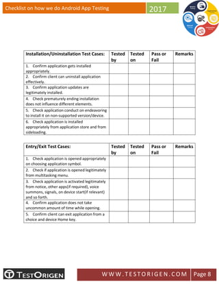 Checklist for andriod app testing. | PDF