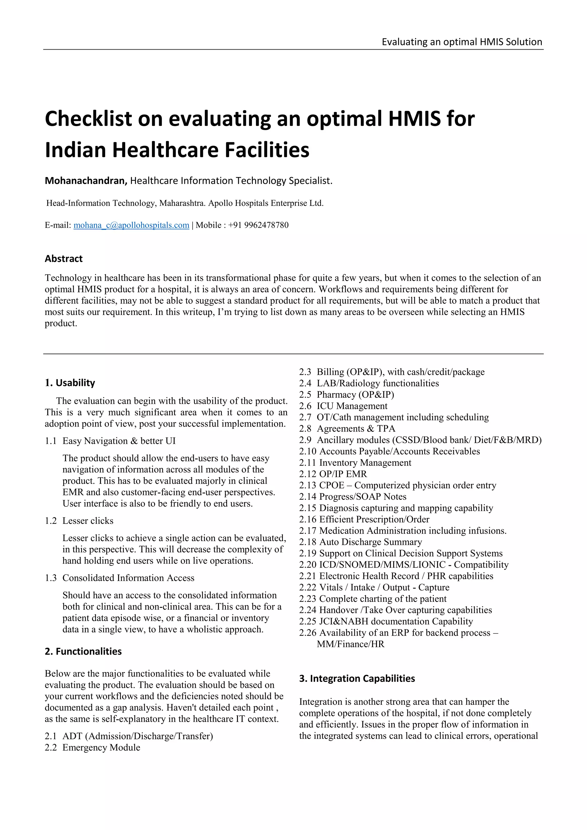 Checklist for an optimal HMIS.pdf | Cloud Computing | Internet