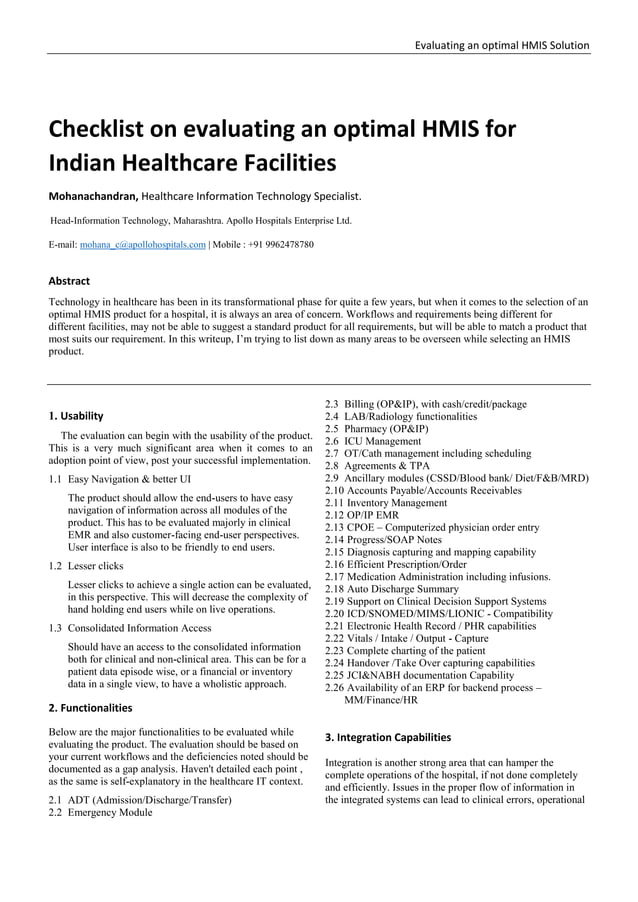 Checklist for an optimal HMIS.pdf | Cloud Computing | Internet