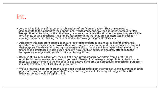 Checklist for auditing non profit organizations | PPTX | Non-Profit ...