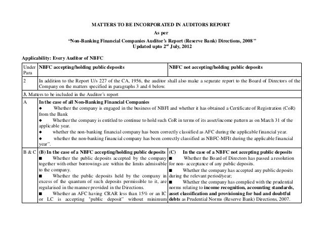 Checklist for Auditors certificate to NBFC