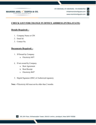 Check List for Change in Office Address(Intra-State) | PDF