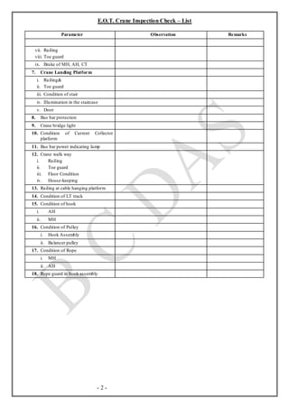 EOT Crane Inspection Check list, helpful for safety officers during ...