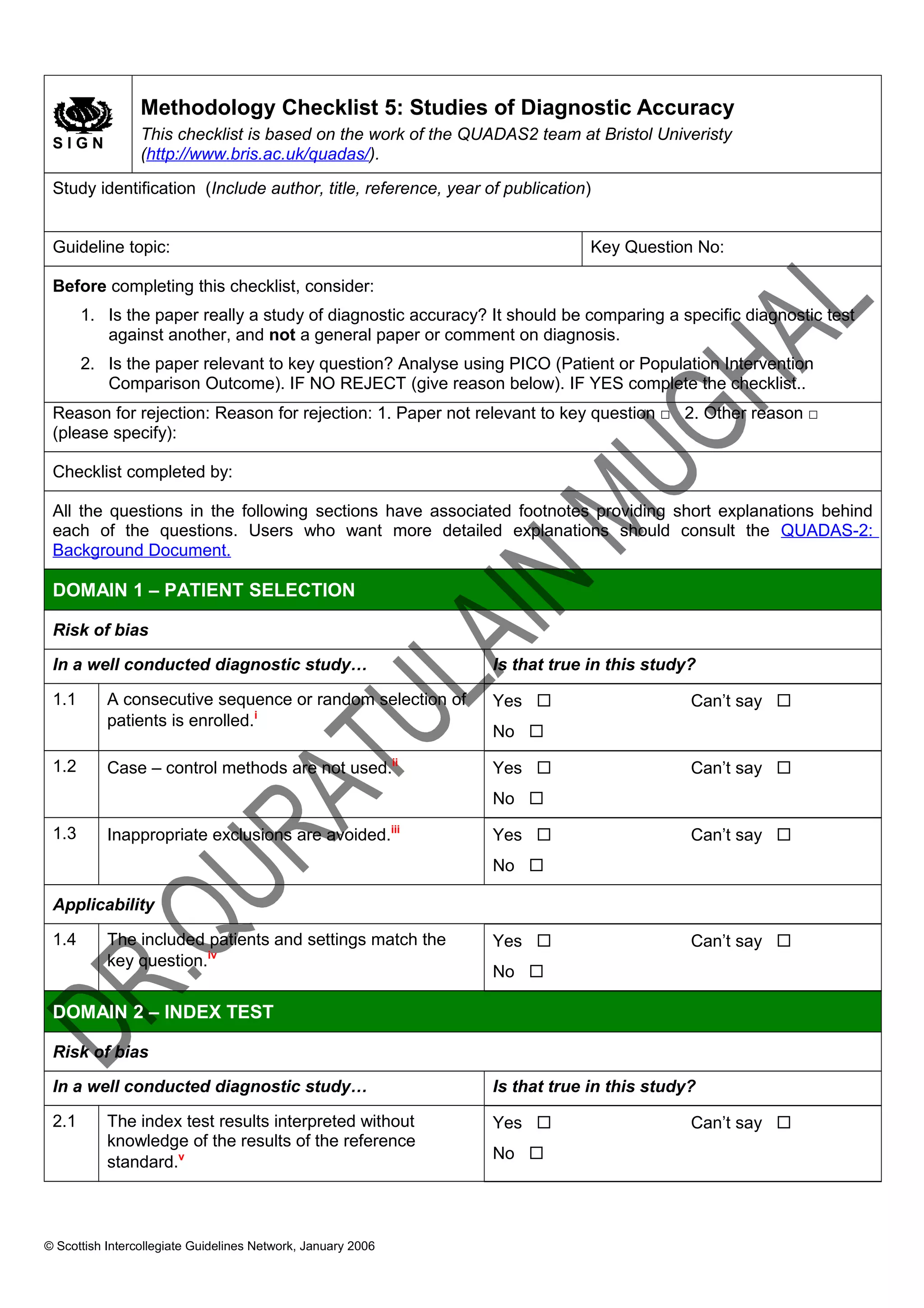 Methodology Checklist : Studies of Diagnostic Accuracy | PDF