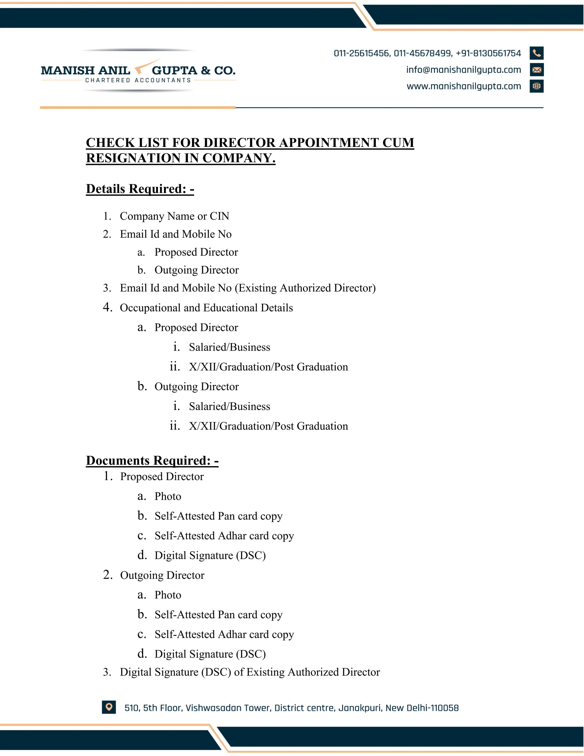Check List for Director Appointment CUM Resignation in Company | PDF